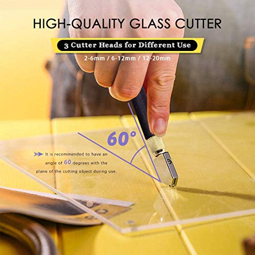 Glass Cutter Kit with Cutting Oil, 2mm-20mm Professional Cutting Head, Aotomatic Pencil Oil Feed Carbide Tip Glass Cutter Tool for Thick Glass Mosaic and Tile