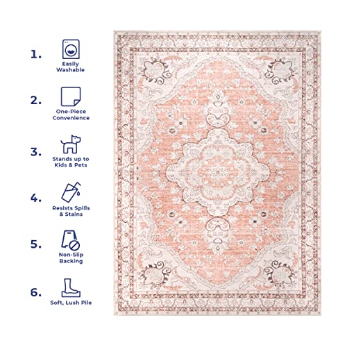 nuLOOM Tracie Machine Washable Floral Medallion Ultra Thin Runner Rug, 2' 6" x 8', Peach