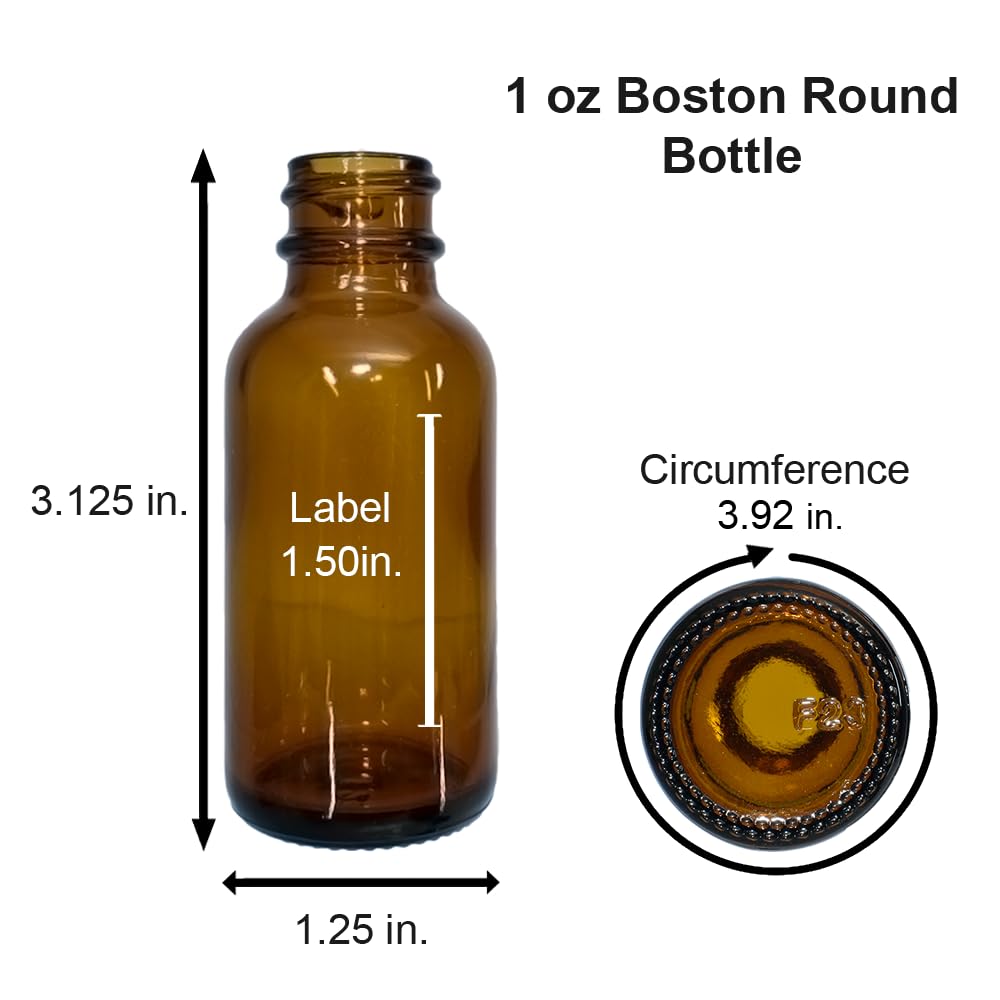 GlassBottleOutlet (24 Pack) 1 oz. Amber Boston Round with Black Poly Cone Cap