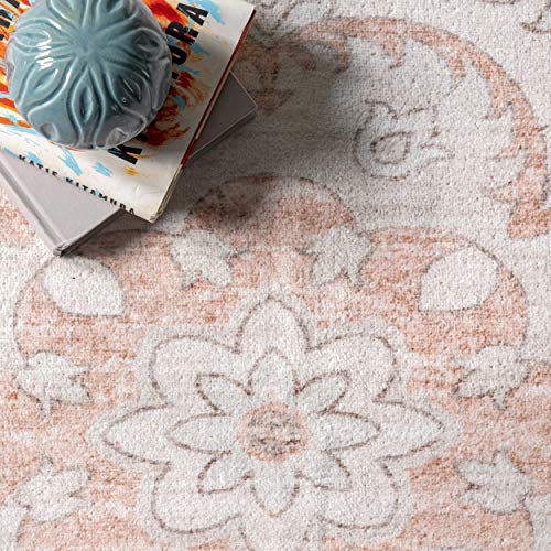 nuLOOM Tracie Machine Washable Floral Medallion Ultra Thin Runner Rug, 2' 6" x 8', Peach