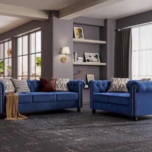 Morden Fort Classic Chesterfield Loveseat Set 60'', Tufted Loveseat Sofa Set with Solid Wood Legs Thick Cushion, Pet-Friendly 2-Seater Sofa Couch for Living Room Bedroom Apartment - Velvet Blue