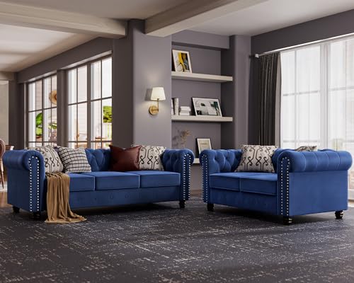 Morden Fort Classic Chesterfield Loveseat Set 60'', Tufted Loveseat Sofa Set with Solid Wood Legs Thick Cushion, Pet-Friendly 2-Seater Sofa Couch for Living Room Bedroom Apartment - Velvet Blue