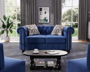 morden fort classic chesterfield loveseat set 60'', tufted loveseat sofa set with solid wood legs thick cushion, pet-friendly 2-seater sofa couch for living room bedroom apartment - velvet blue