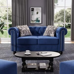 Morden Fort Classic Chesterfield Loveseat Set 60'', Tufted Loveseat Sofa Set with Solid Wood Legs Thick Cushion, Pet-Friendly 2-Seater Sofa Couch for Living Room Bedroom Apartment - Velvet Blue