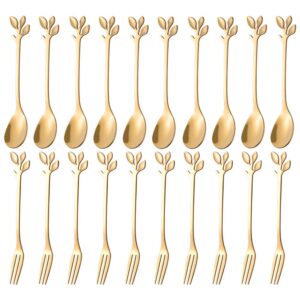 ansaw 20-pc mini gold coffee spoons & dessert forks set, 4.7" stainless steel leaf handle, ideal for tea, appetizers, tastings - perfect for party, charcuterie, cocktails