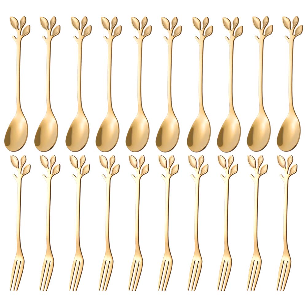 AnSaw 20-Pc Mini Gold Coffee Spoons & Dessert Forks Set, 4.7" Stainless Steel Leaf Handle, Ideal for Tea, Appetizers, Tastings - Perfect for Party, Charcuterie, Cocktails