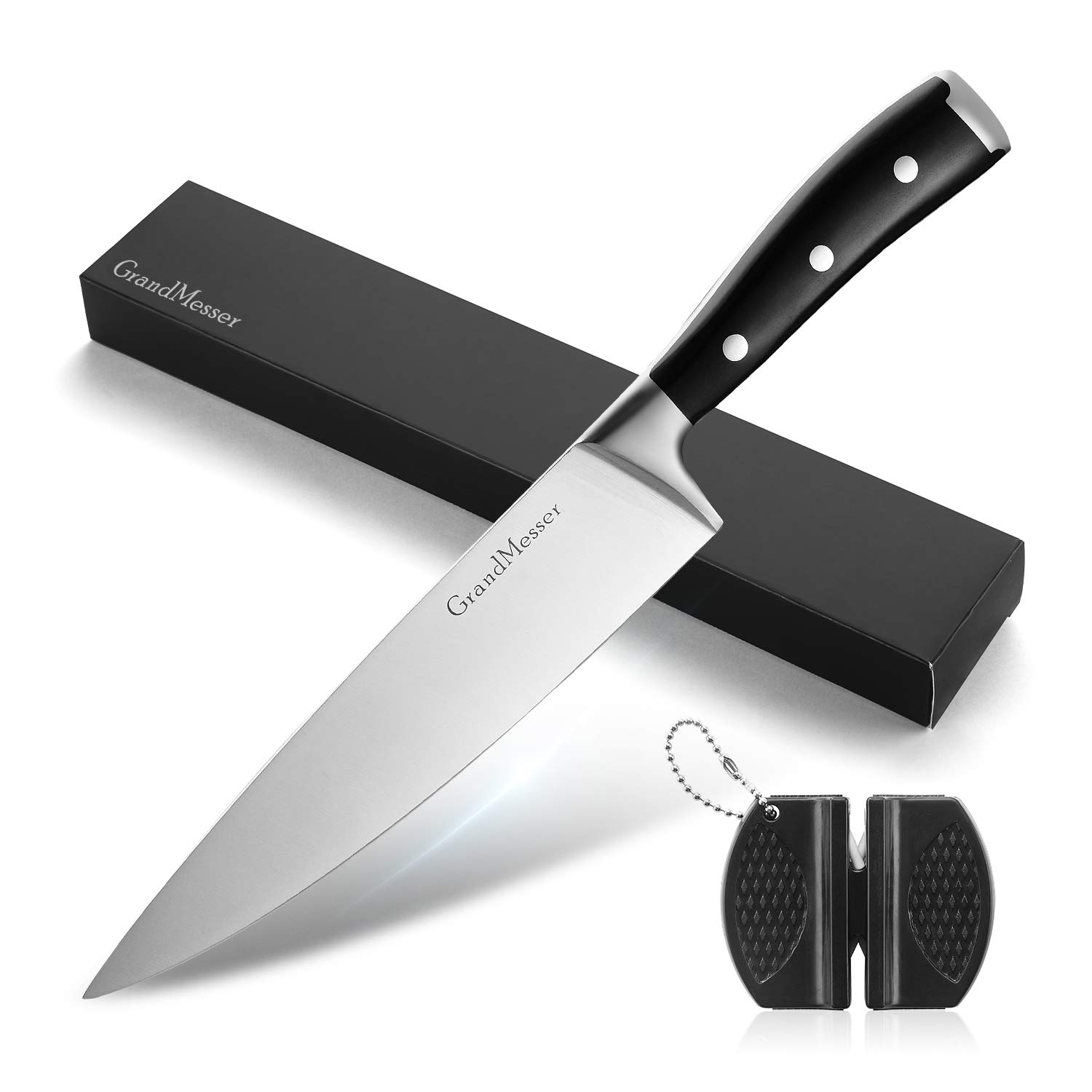 GrandMesser Chef Knife, 8 Inch Professional Kitchen Knife, High Carbon Steel Ultra Sharp Chef's Knife, with Ergonomic ABS Handle Triple-riveted and Gift Box.