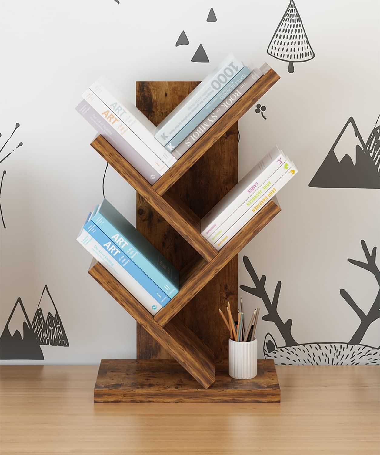 Lydia88 Tree Bookshelf，4-Layer Floor Standing Bookshelf，The Desktop Bookshelf Can Hold Books，Magazines, CDs and Photo Albums，Desktop Organizer，Office Storage Rack Real Wooden Bookshelf