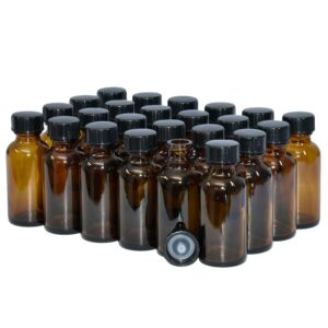 glassbottleoutlet (24 pack) 1 oz. amber boston round with black poly cone cap