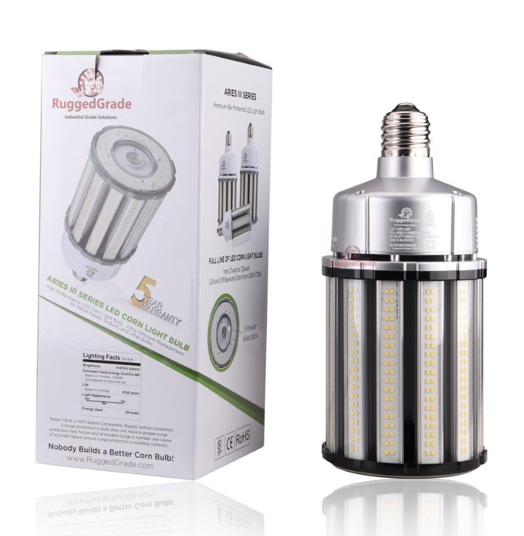 120 Watt LED Corn Bulb - Aries III Series - 16,400 Lumens - 5000K - E39 Large Mogul Base - Built-in 6KV Surge - Dimmable - DLC 5.1