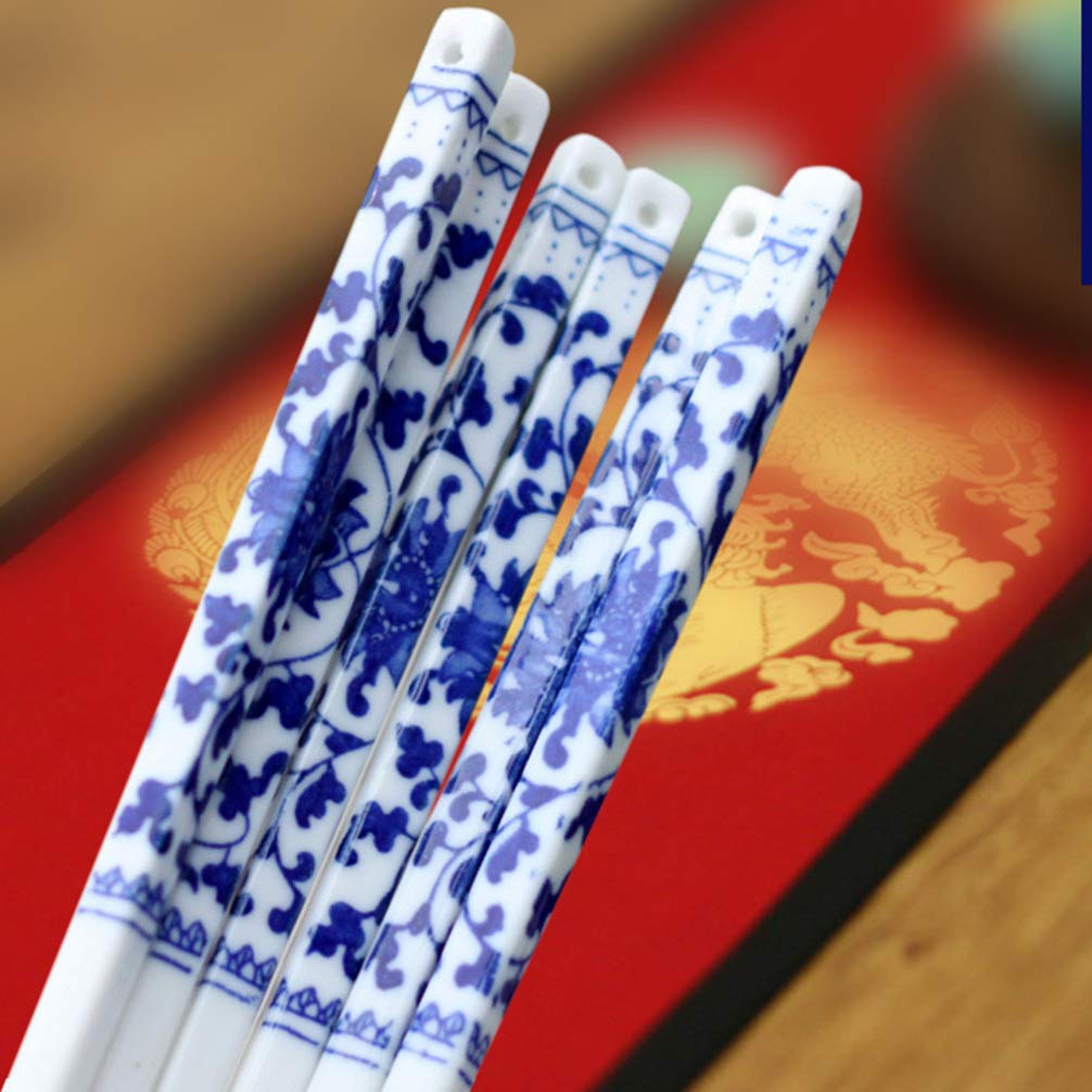 Cabilock Utensil Set Flatware Set 5 Pairs Chinese Blue and White Porcelain Chopsticks Ceramic Chopsticks Chinese Tableware (Random Pattern) Serving Utensils Set Dishware Sets