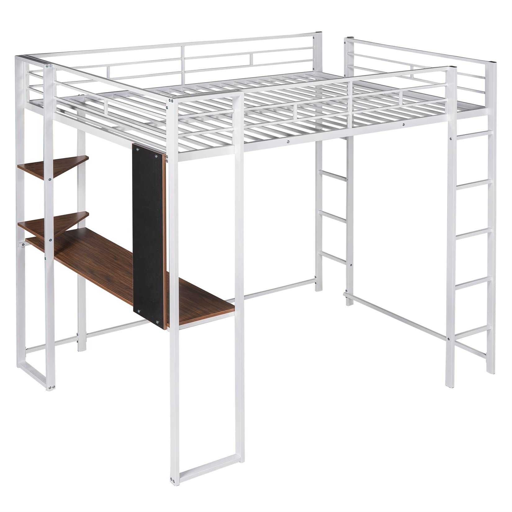 Full Loft Beds Metal Bed Frame Loft Bed with Desk and Bookcase, Full Size Loft Bed for Dorm, Boys & Girls Teens Kids, White