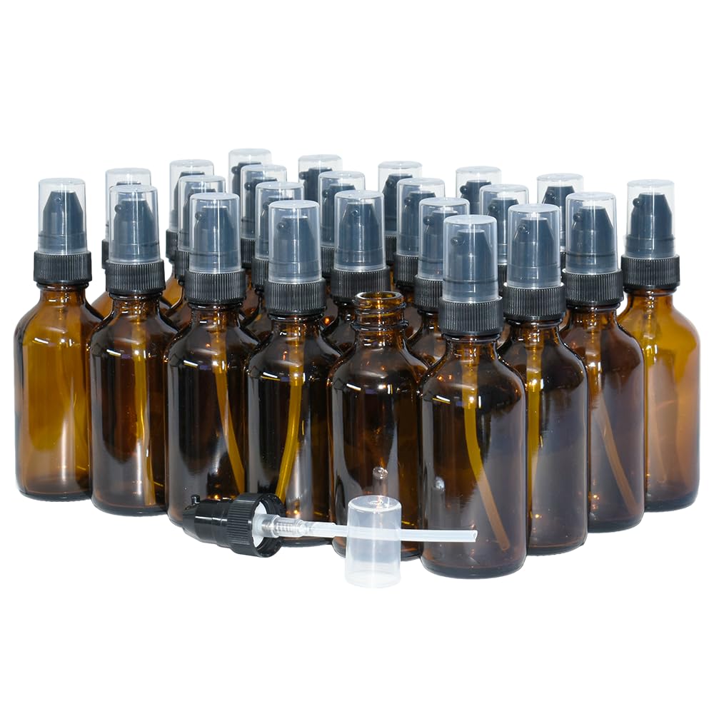 GlassBottleOutlet (24 Pack) 2 oz. Amber Boston Round with Black Treatment Pump