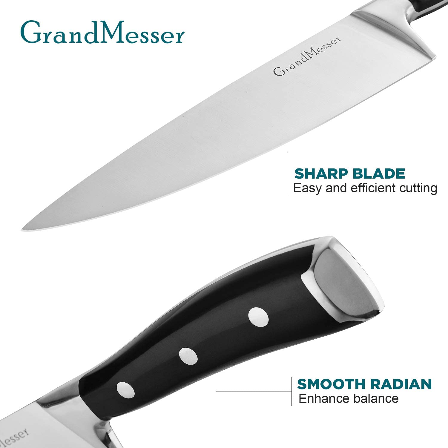 GrandMesser Chef Knife, 8 Inch Professional Kitchen Knife, High Carbon Steel Ultra Sharp Chef's Knife, with Ergonomic ABS Handle Triple-riveted and Gift Box.