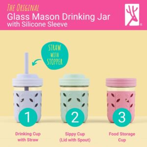 Elk and Friends Kids & Toddler Cups | The Original Glass Mason jars 8 oz with Silicone Sleeves & Silicone Straws with Stoppers | Smoothie Cups | Spill Proof Sippy Cups for Toddlers