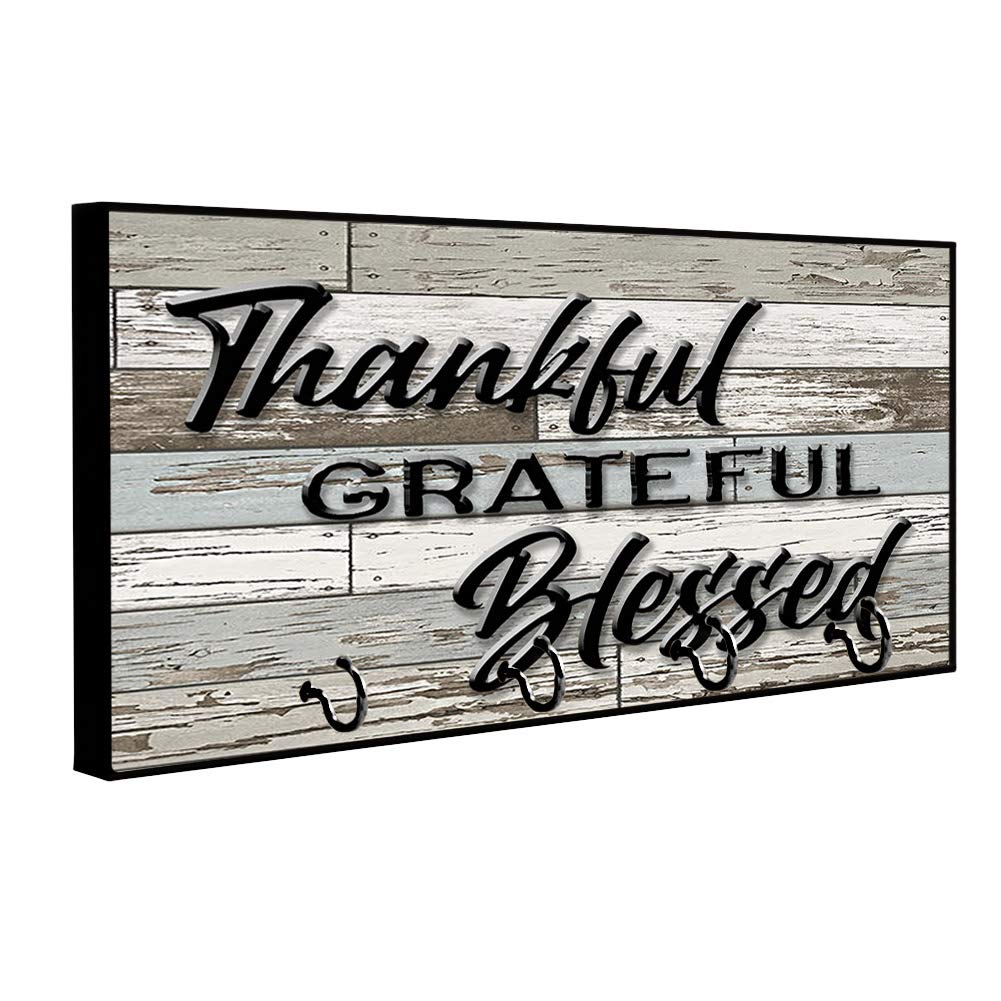 Brotherhood Barn Wood Chipped Paint White Board Flooring Design Thankful Grateful Blessed Key Hanger Organizer Wall Mount Rack for Holders The Home Keys Ring Decorative Hangers Decor Hook Holder