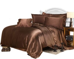 abp collection duvet set - full, chocolate soft silky satin duvet cover sets (1 button closure duvet cover, 1 fitted sheet with 18" deep pocket, 2 pillow shams) 4 pieces duvet cover set