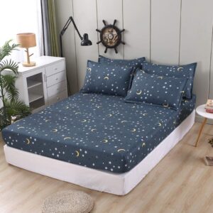 feelyou kids galaxy fitted sheet chic starry sky bed sheet set queen size for girls boys teens bedroom ultra soft twinkle stars moon bedding set outer space themed bed cover with 2 pillow case