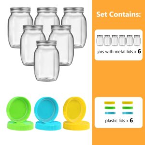 32 oz Wide Mouth Mason Jars with Metal Lids & Plastic Lids, Quart Size Clear Glass Jars for Preserving, Meal Prep, Salad, Canning, Fermenting, Favors, Home Decor, DIY - 6 Pack1 +1