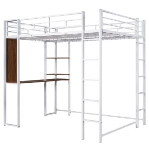 Full Loft Beds Metal Bed Frame Loft Bed with Desk and Bookcase, Full Size Loft Bed for Dorm, Boys & Girls Teens Kids, White