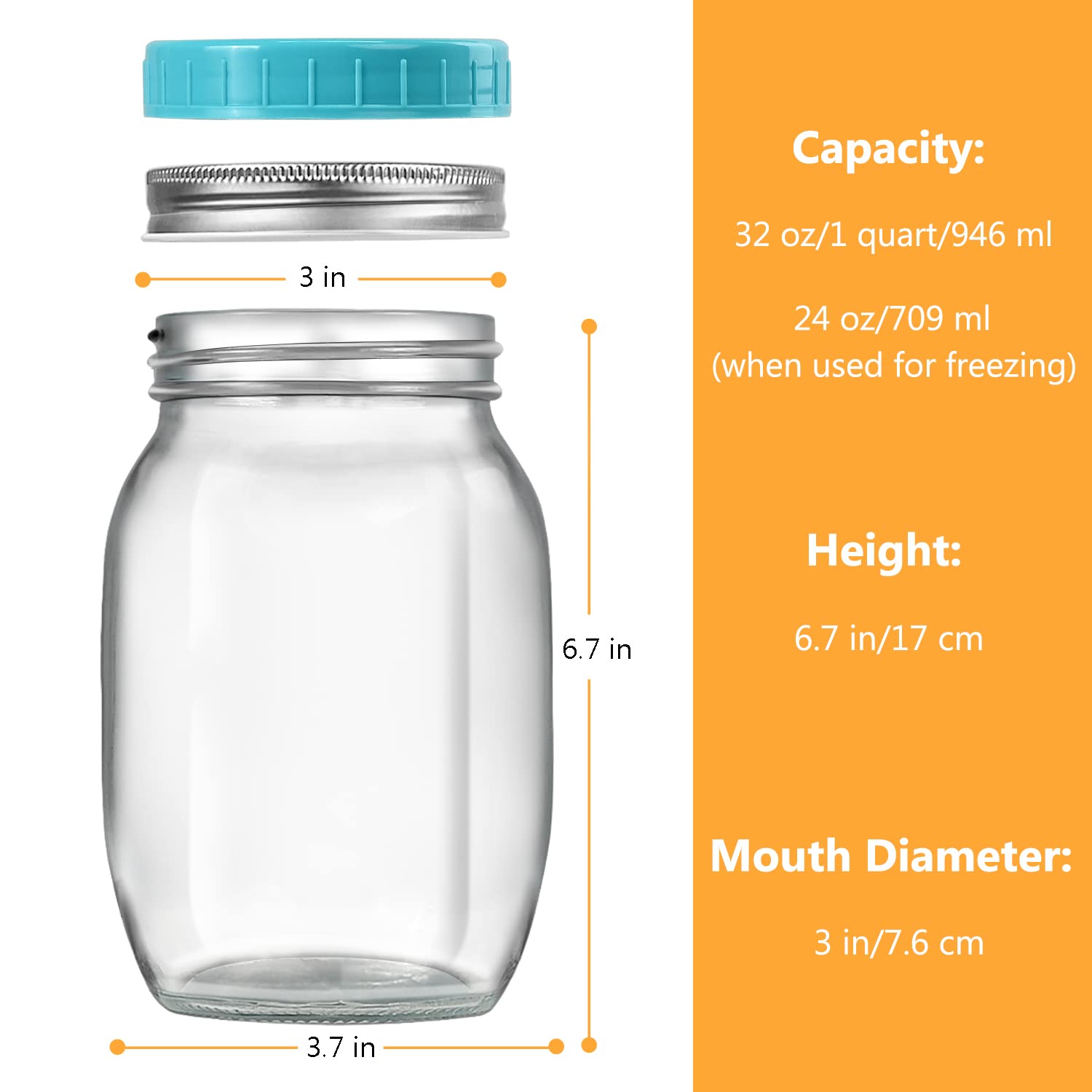 32 oz Wide Mouth Mason Jars with Metal Lids & Plastic Lids, Quart Size Clear Glass Jars for Preserving, Meal Prep, Salad, Canning, Fermenting, Favors, Home Decor, DIY - 6 Pack1 +1