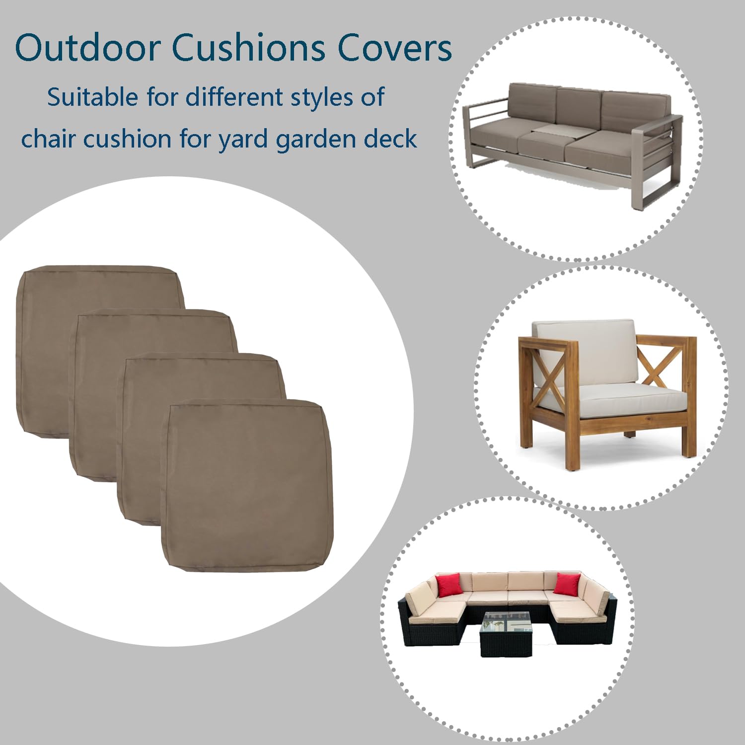 FLYMEI Patio Cushion Covers 24x22x4 Waterproof Outdoor Cushion Cover Replacement 4Packs Outdoor Seat Cushion Slipcover for Outdoor Rattan Chair Sofa, Taupe