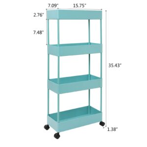 JAKAGO 4-Tier Utility Rolling Storage Cart Slim Mobile Shelves on Wheels Multi-Function Trolley with Mesh Basket Storage Organizer Rack for Kitchen Pantry Bathroom Laundry (Teal)