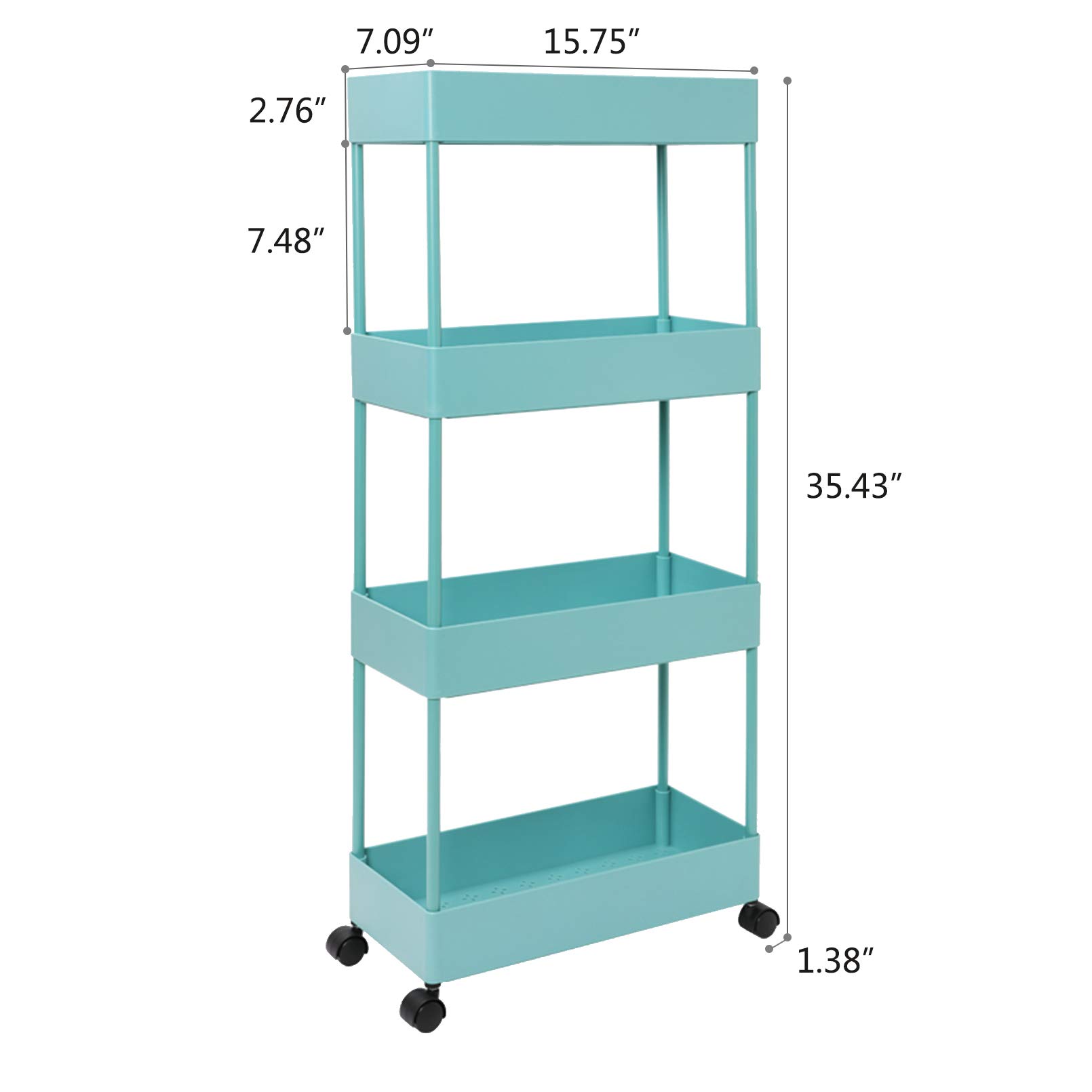 JAKAGO 4-Tier Utility Rolling Storage Cart Slim Mobile Shelves on Wheels Multi-Function Trolley with Mesh Basket Storage Organizer Rack for Kitchen Pantry Bathroom Laundry (Teal)