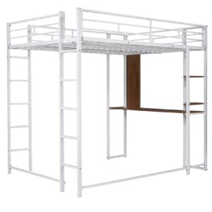 Full Loft Beds Metal Bed Frame Loft Bed with Desk and Bookcase, Full Size Loft Bed for Dorm, Boys & Girls Teens Kids, White