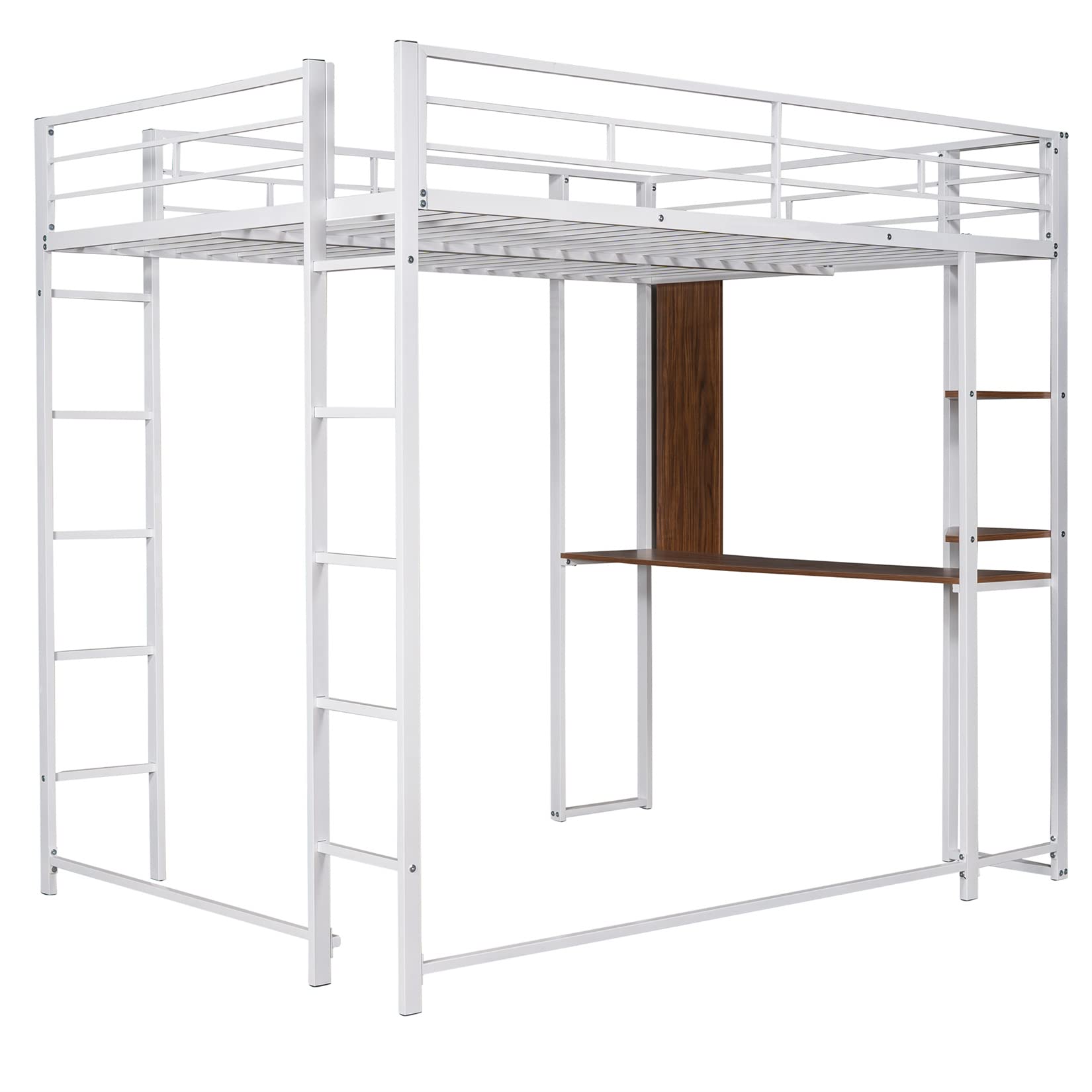 Full Loft Beds Metal Bed Frame Loft Bed with Desk and Bookcase, Full Size Loft Bed for Dorm, Boys & Girls Teens Kids, White