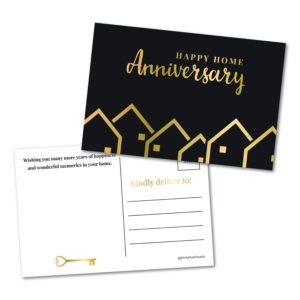 50 happy home anniversary realtor postcards, bulk blank house greetings, real estate agent thank you notes, houseiversary card, welcome home stationery gifts for clients (2 tone gold print not foil)