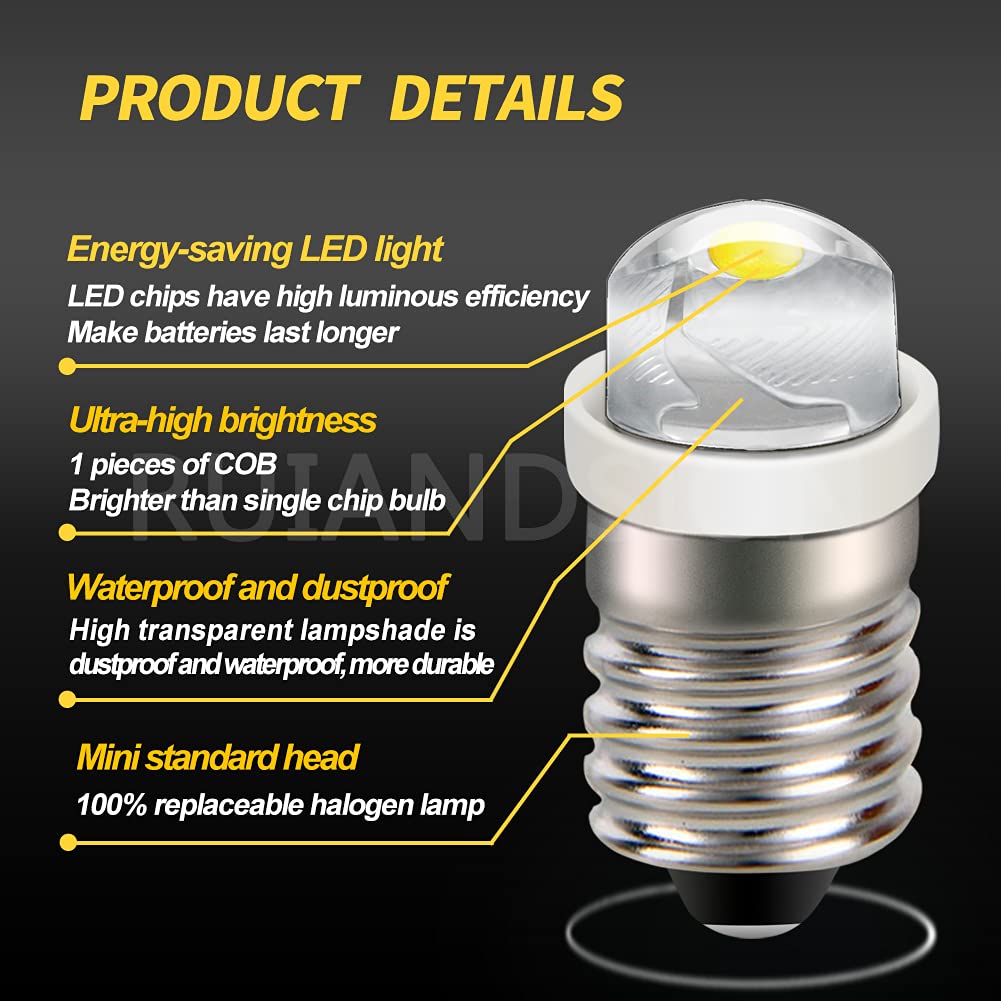 Ruiandsion 2pcs E10 LED Bulb DC 1.5V COB 0.5W 6000K White LED Bulb for Torch light Flashlight Light,Negative Earth