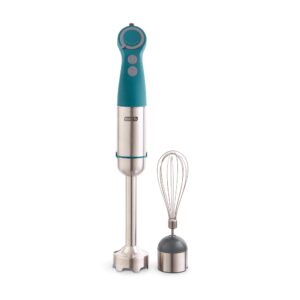 dash chef series immersion hand blender, 5 speed stick blender with stainless steel blades, whisk attachment and recipe guide – teal