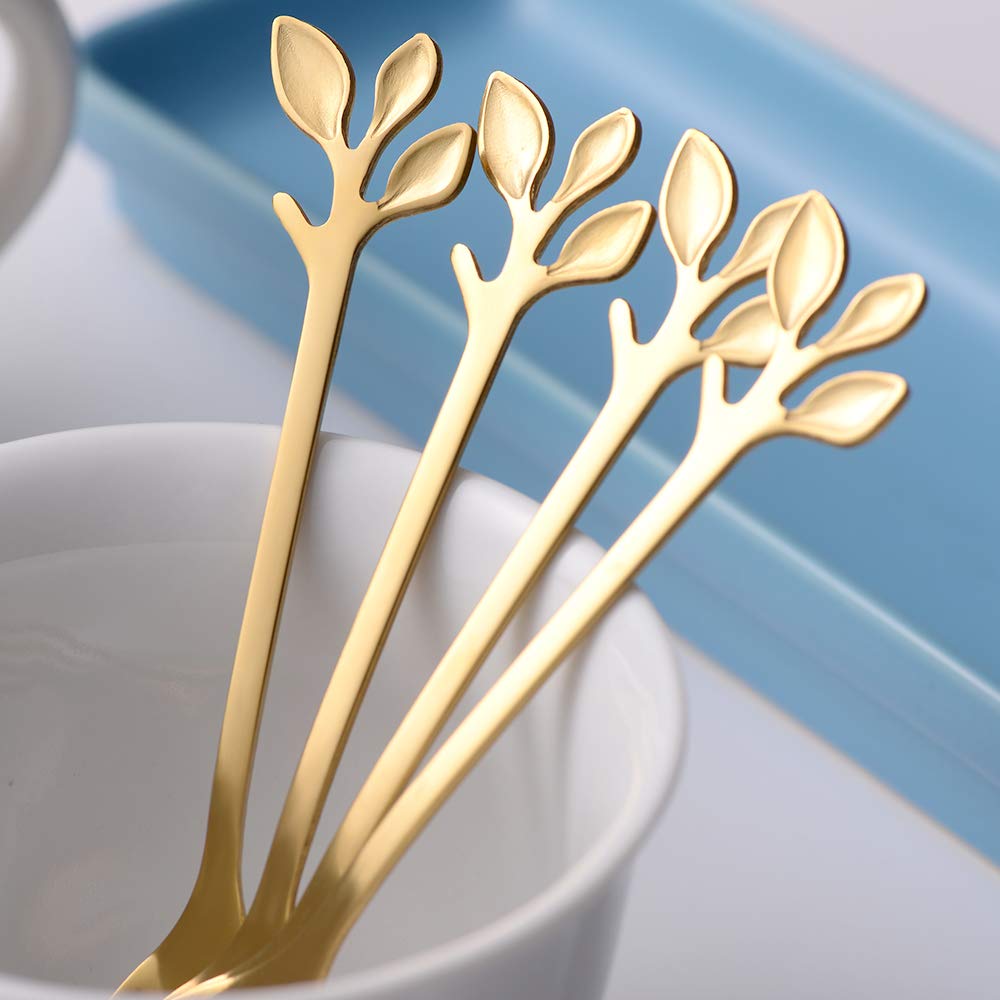 AnSaw 20-Pc Mini Gold Coffee Spoons & Dessert Forks Set, 4.7" Stainless Steel Leaf Handle, Ideal for Tea, Appetizers, Tastings - Perfect for Party, Charcuterie, Cocktails