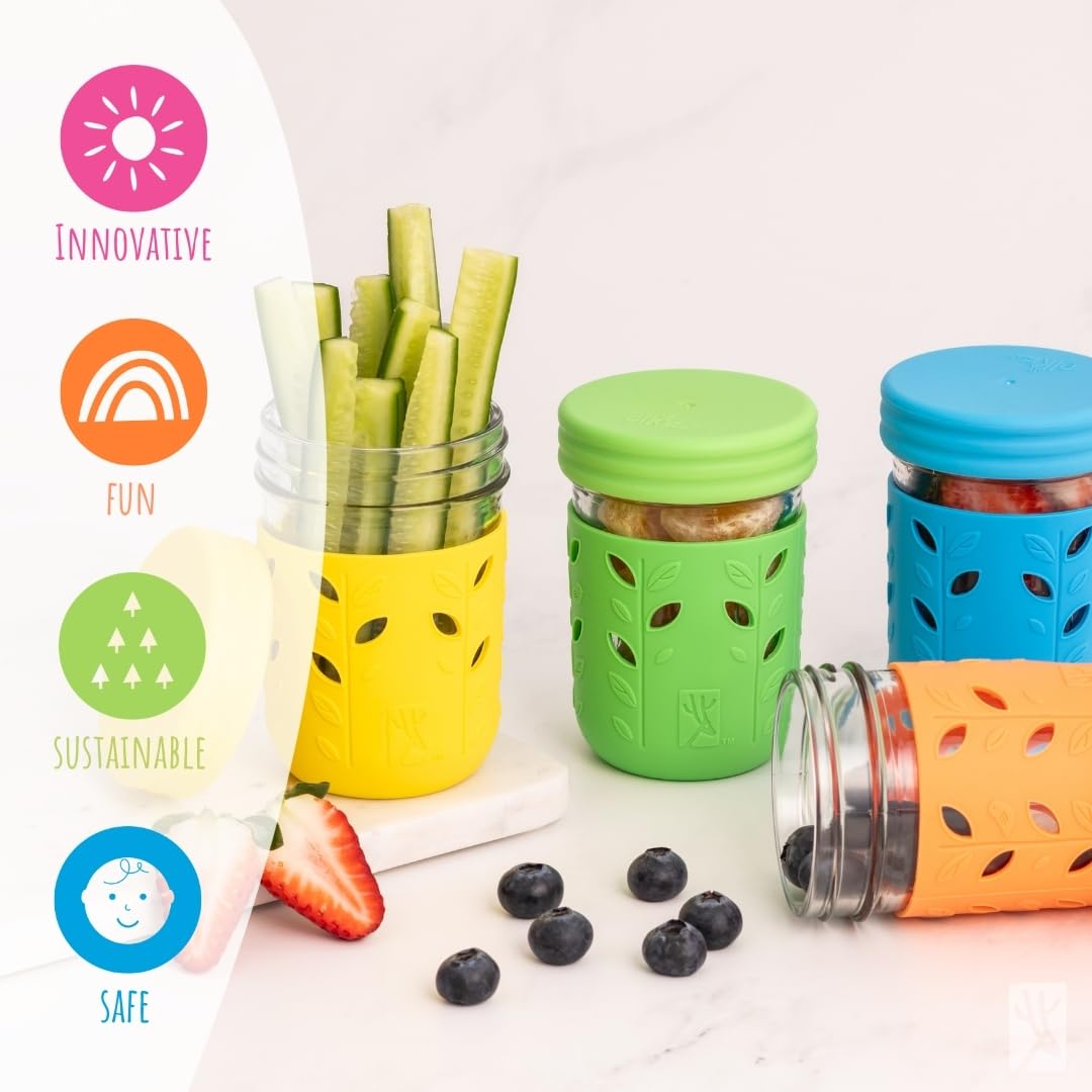 Elk and Friends Kids & Toddler Cups | The Original Glass Mason jars 8 oz with Silicone Sleeves & Silicone Straws with Stoppers | Smoothie Cups | Spill Proof Sippy Cups for Toddlers