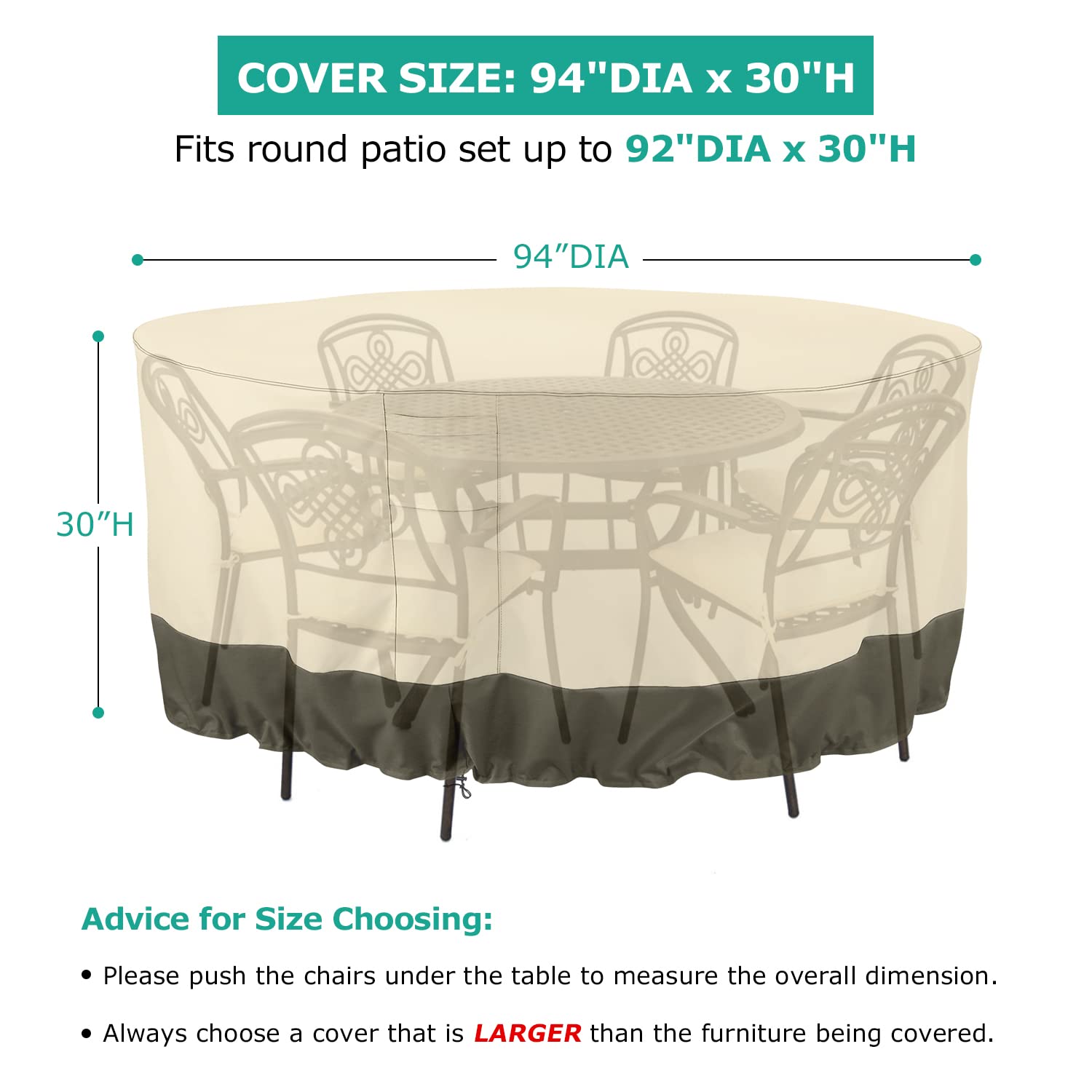 SunPatio Outdoor Furniture Cover Waterproof, Patio Furniture Covers for Round Table Chairs Set, UV Resistant Anti-Fading Cover Outdoor Table Cover, Beige and Olive, 94 inch Diameter