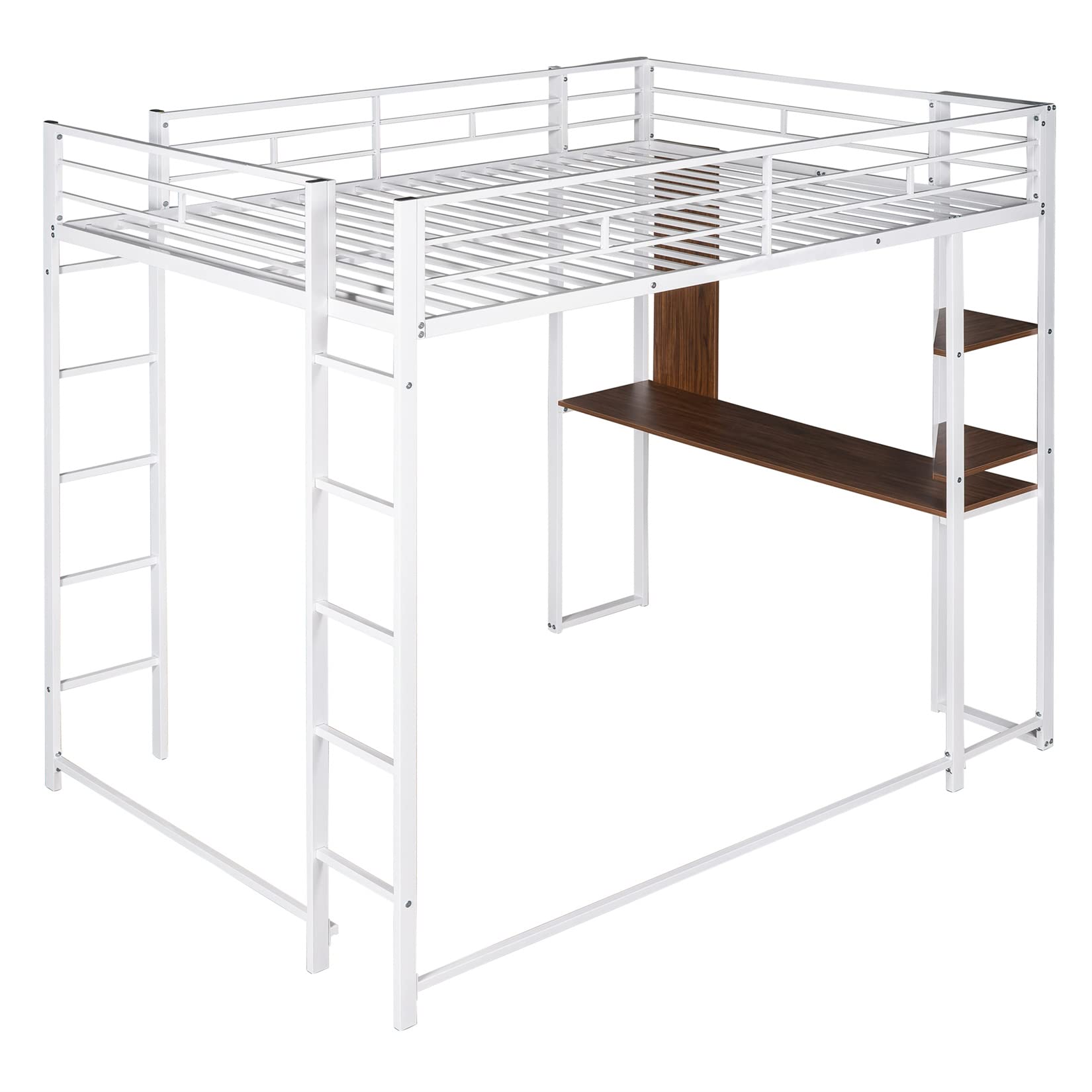 Full Loft Beds Metal Bed Frame Loft Bed with Desk and Bookcase, Full Size Loft Bed for Dorm, Boys & Girls Teens Kids, White