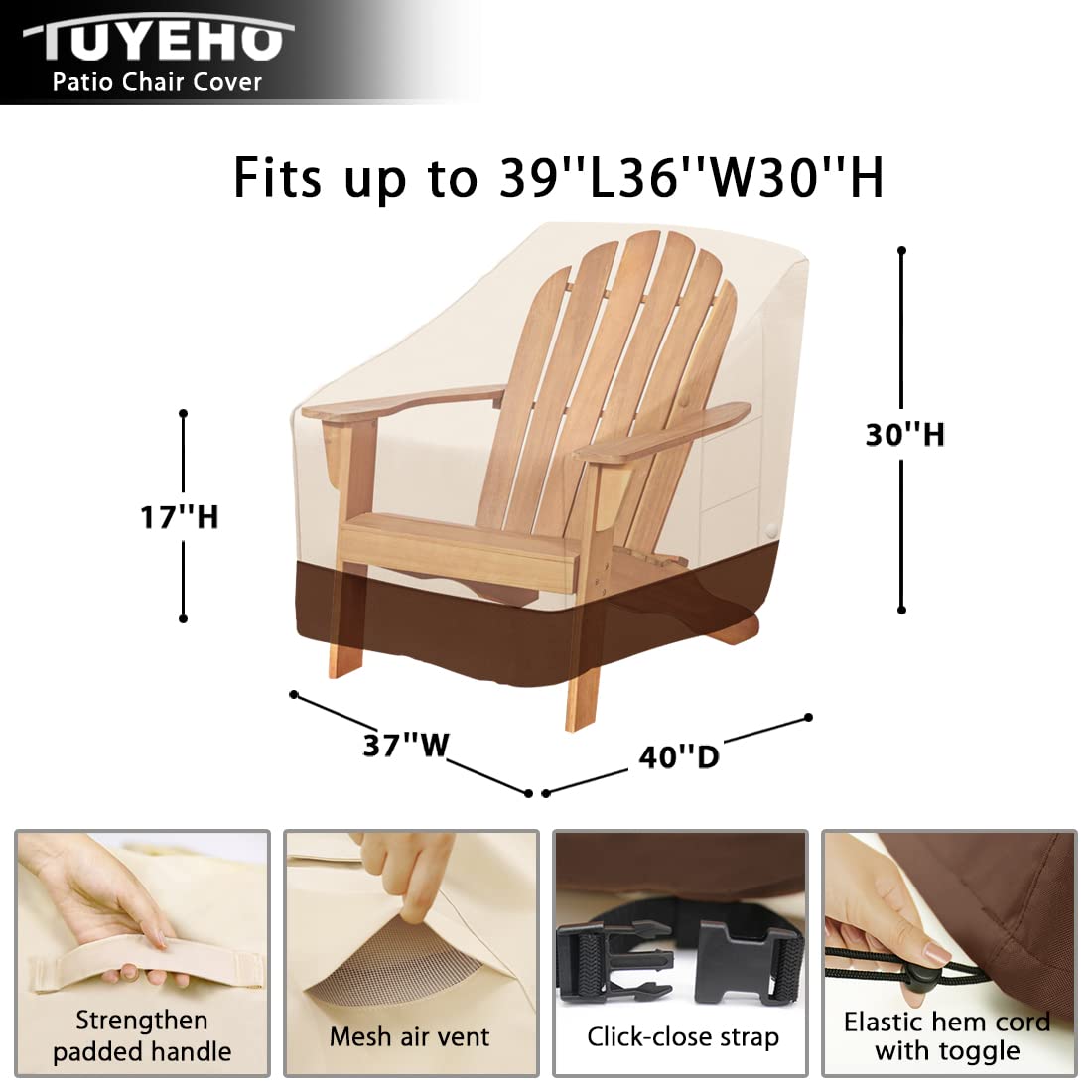 Tuyeho Patio Chair Cover 2 Pack, 40 x 37 x 30 inch, 900D Heavy Duty Outdoor Adirondack Chair Cover, Waterproof & Weather Resistant for Your Patio Lounge Deep Seat Chair (Beige & Brown)