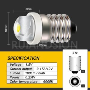 Ruiandsion 2pcs E10 LED Bulb DC 1.5V COB 0.5W 6000K White LED Bulb for Torch light Flashlight Light,Negative Earth