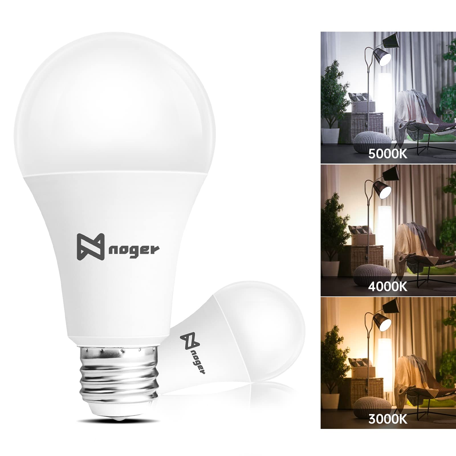 Noger 3 Way Light Bulbs A19, 30 70 100W Equivalent, 4000K Natural White, 3 Way E26 Light Bulbs for Reading, 500-1200-1600LM, 2 Pack