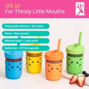 Elk and Friends Kids & Toddler Cups | The Original Glass Mason jars 8 oz with Silicone Sleeves & Silicone Straws with Stoppers | Smoothie Cups | Spill Proof Sippy Cups for Toddlers