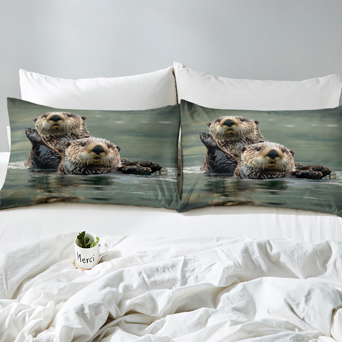 Castle Fairy Cute Otter 3D Print Duvet Sets Queen Wild Animal Otter Swimming Bedding Cover Teens Youngs Microfiber Soft 3 Pieces Comforter Sets(1 Duvet Cover 2 Pillow Cases),No Comforter