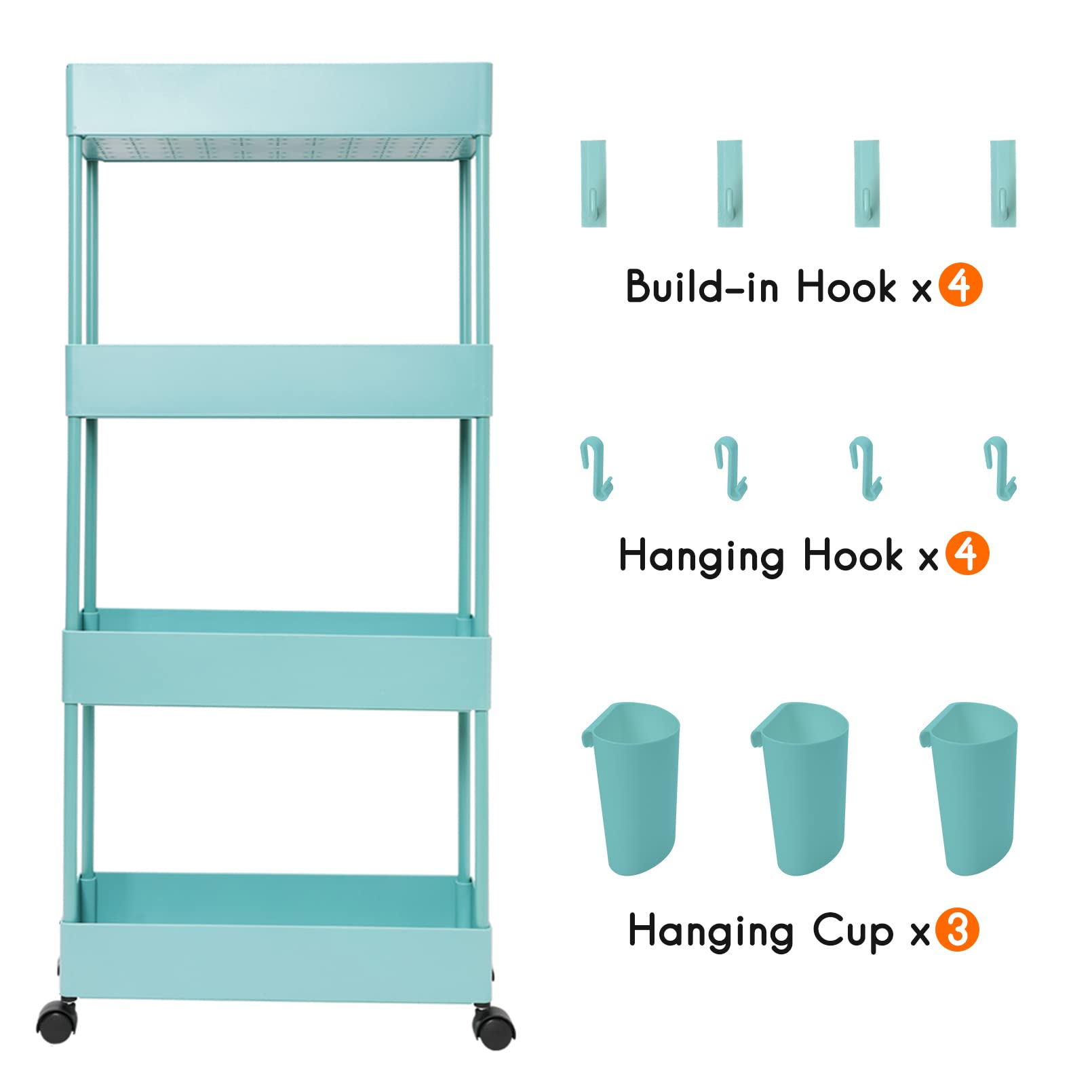 JAKAGO 4-Tier Utility Rolling Storage Cart Slim Mobile Shelves on Wheels Multi-Function Trolley with Mesh Basket Storage Organizer Rack for Kitchen Pantry Bathroom Laundry (Teal)