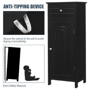 Tangkula Bathroom Floor Cabinet, Wooden Side Storage Organizer, Free-Standing Single Door Floor Storage Cabinet with Large Drawer & 2 Adjustable Shelves for Living Room Kitchen (Black)