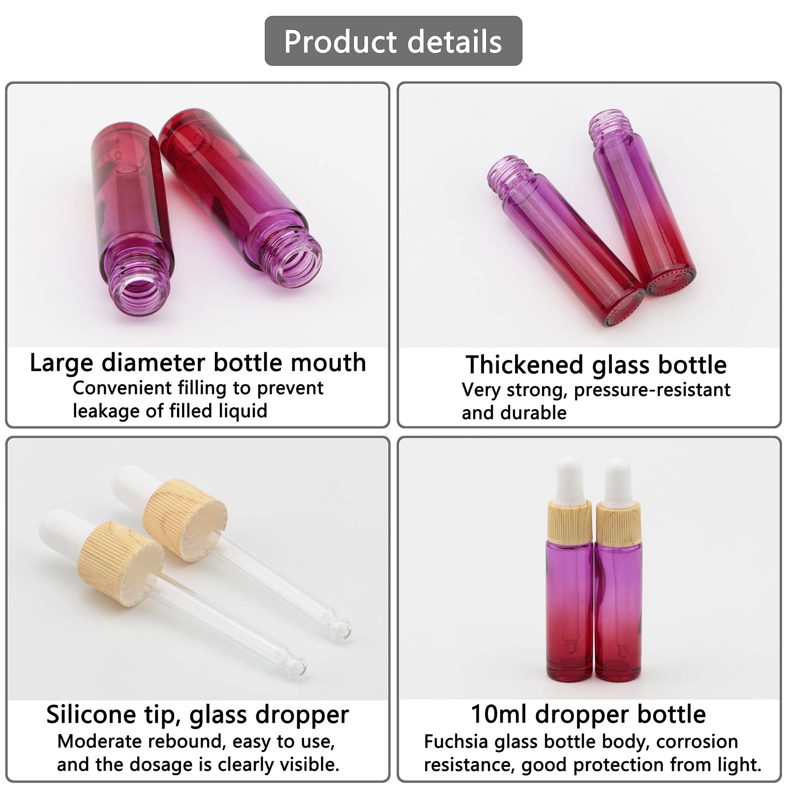 Kesell 10Pcs 10ml Dropper Bottle Purple-red Gradient Color Glass Vial With Dropper Empty Perfume Oil Bottles, 5pcs Funnels + 5pcs 5ml Transfer Dropper