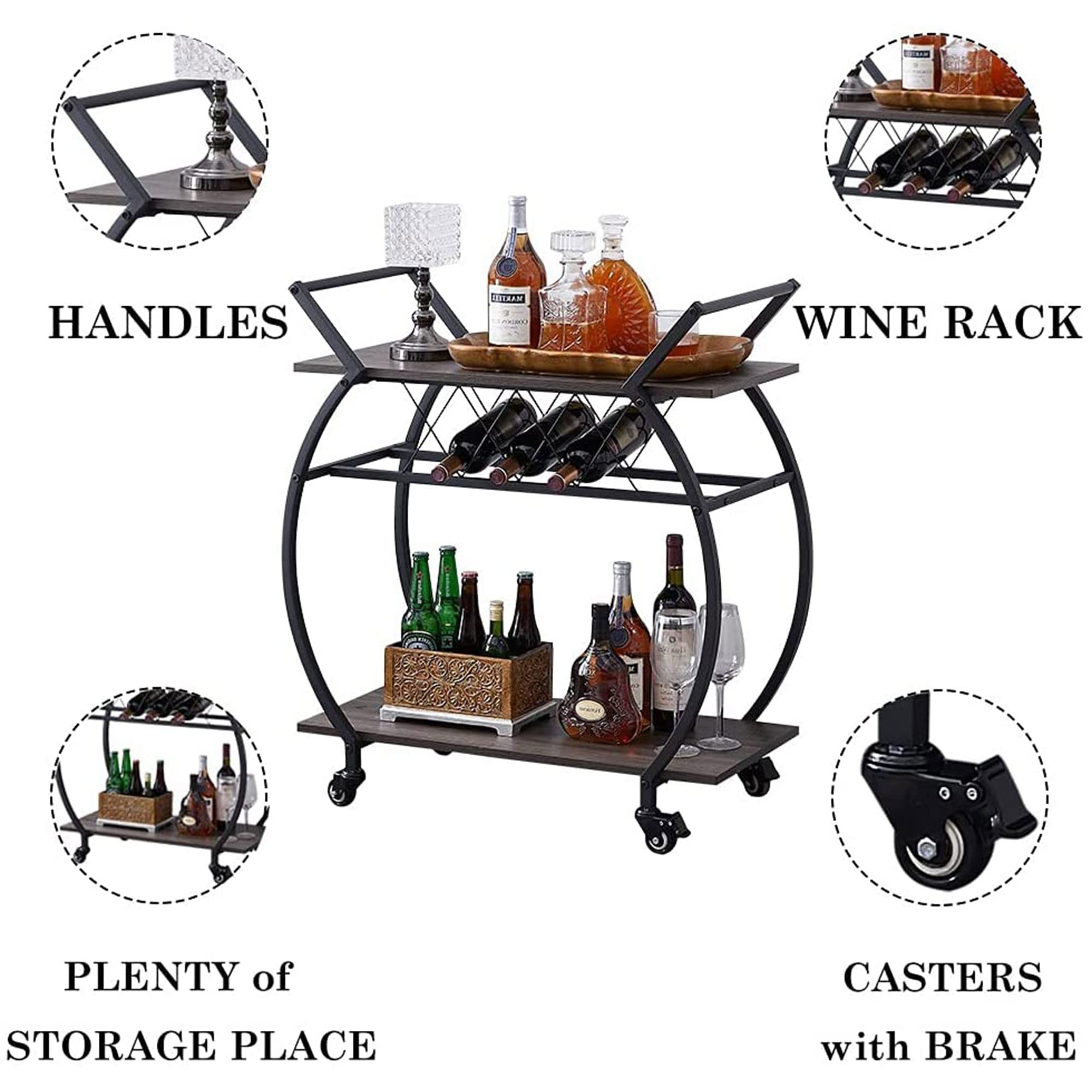 LVB Bar Cart with Wine Rack, 2 Tier Kitchen Cart on Wheels, Industrial Wood and Metal Portable Coffee Cart Table for Home, Rustic Modern Mobile Rustic Rolling Serving Cart with Shelves, Dark Oak