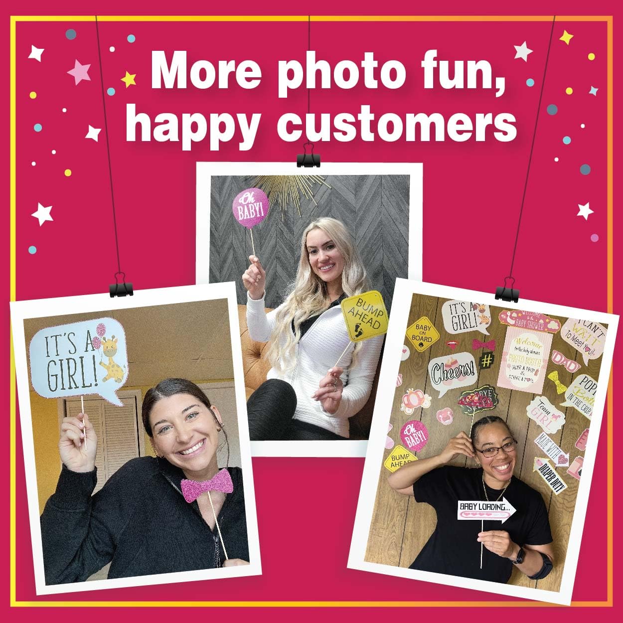 Girl Baby Shower Photo Booth Props - 41-pc Photobooth Kit with 8 x 10-Inch Sign, 60 Adhesive Pads, 45 Sticks - Baby Photo Booth Props Girl - Photo Props for Baby Shower