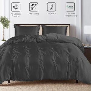 Linenwalas Tencel Lyocell Duvet Cover Set with Deep Pocket Fitted Sheet, Viscose Made from Eucalyptus Soft, Lightweight and Breathable Complete Bedding Set (Charcoal Grey, Queen)