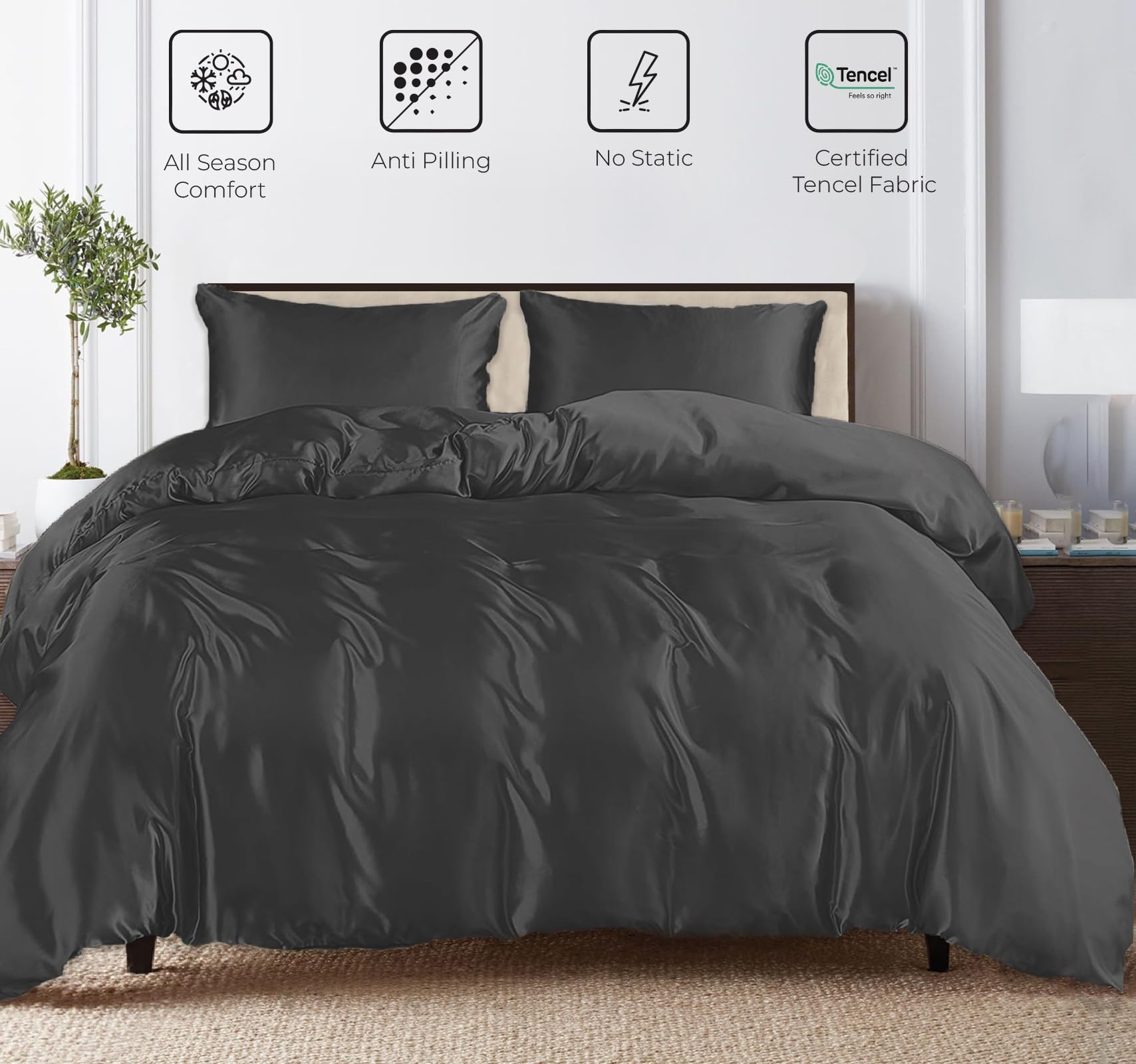 Linenwalas Tencel Lyocell Duvet Cover Set with Deep Pocket Fitted Sheet, Viscose Made from Eucalyptus Soft, Lightweight and Breathable Complete Bedding Set (Charcoal Grey, Queen)