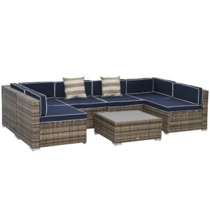 outsunny 7-piece patio furniture set, outdoor wicker conversation set, all weather pe rattan sectional sofa set with cushions and faux wood table, stripe pillows, blue